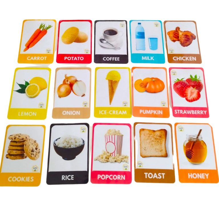 Flashcards o tarjetas de alimentos en inglés.